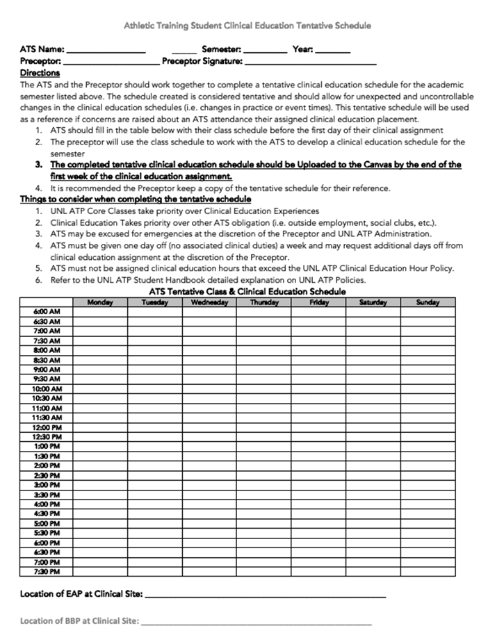 Appendix G: Athletic Training Student Clinical Education Tentative Schedule | Nutrition and ...